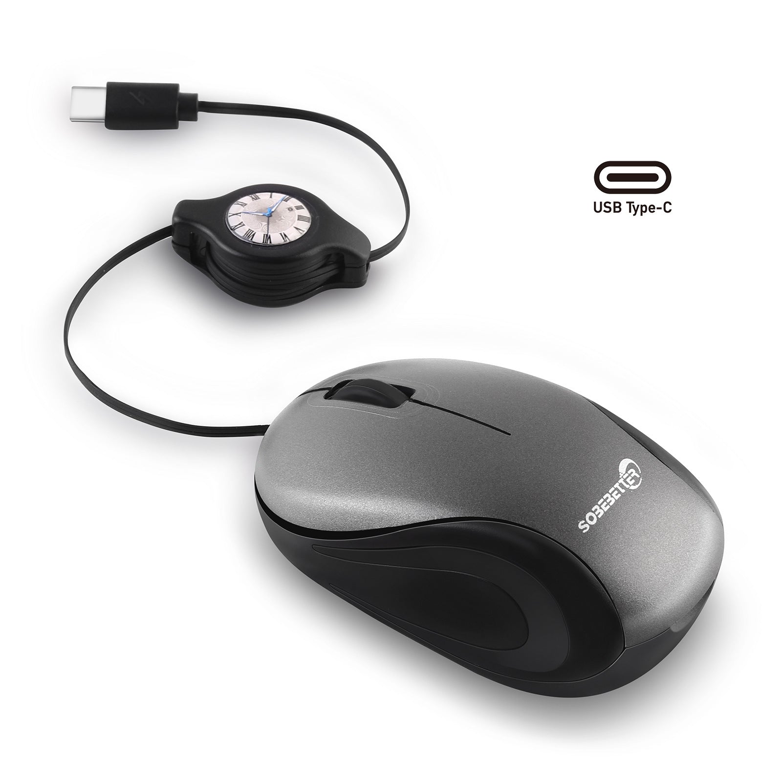 Grey and Black Portable Mini USB-C Mouse with Retractable Cable - Sile ...